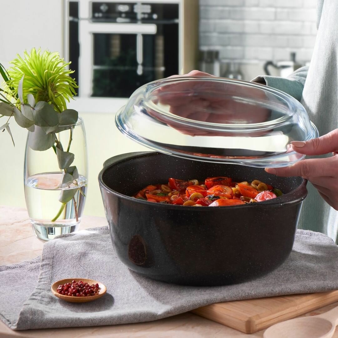 Жаропрочная круглая форма для запекания с крышкой Borcam NON STICK 2100 мл, черная. Форма для запекания, выпечки, с антипригарным покрытием. В брендовой упаковке. Турция.