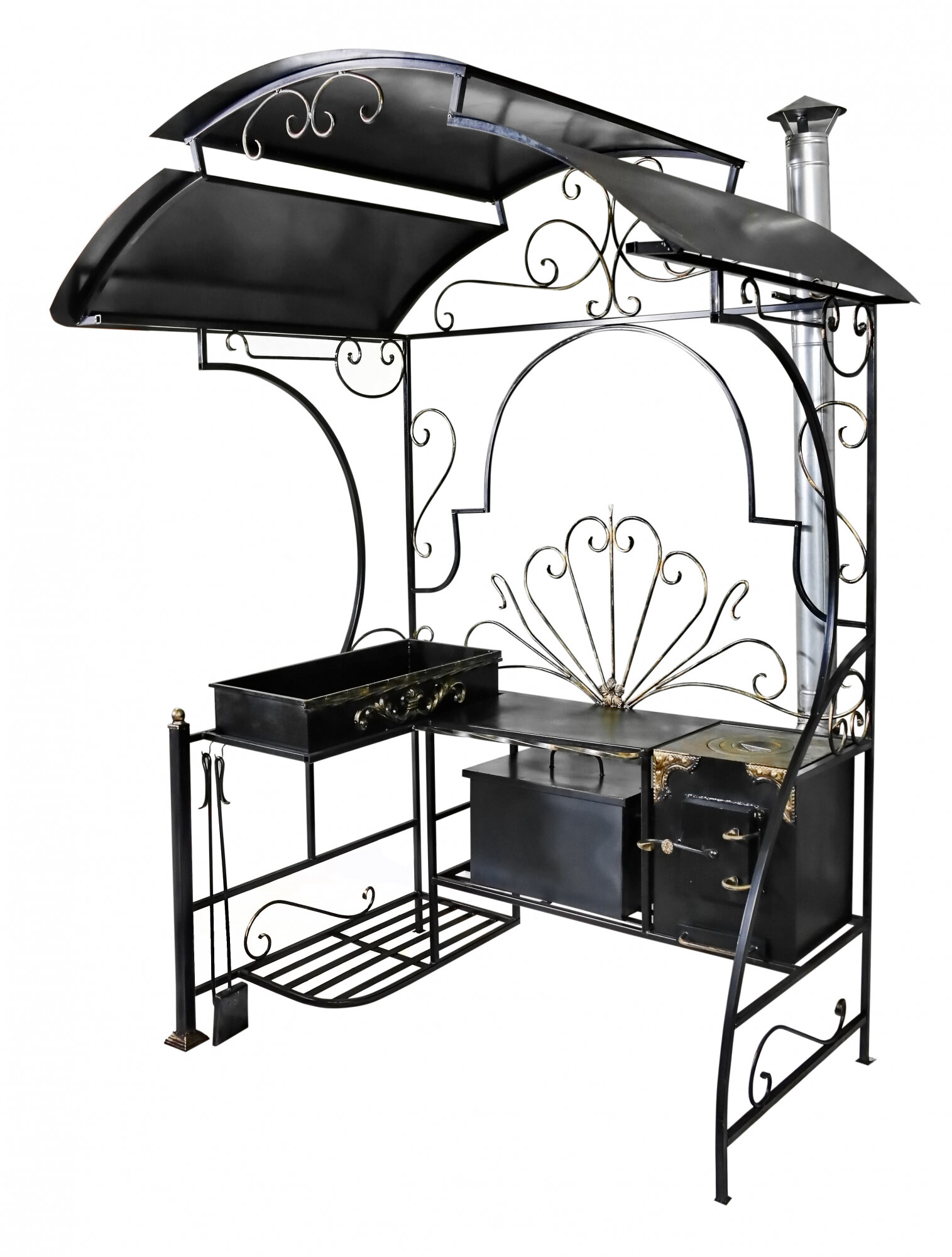 Мангал Mangal-market Фараон, кованый, с крышей, печью, коптильней, дымоходом, 154х125х235 см