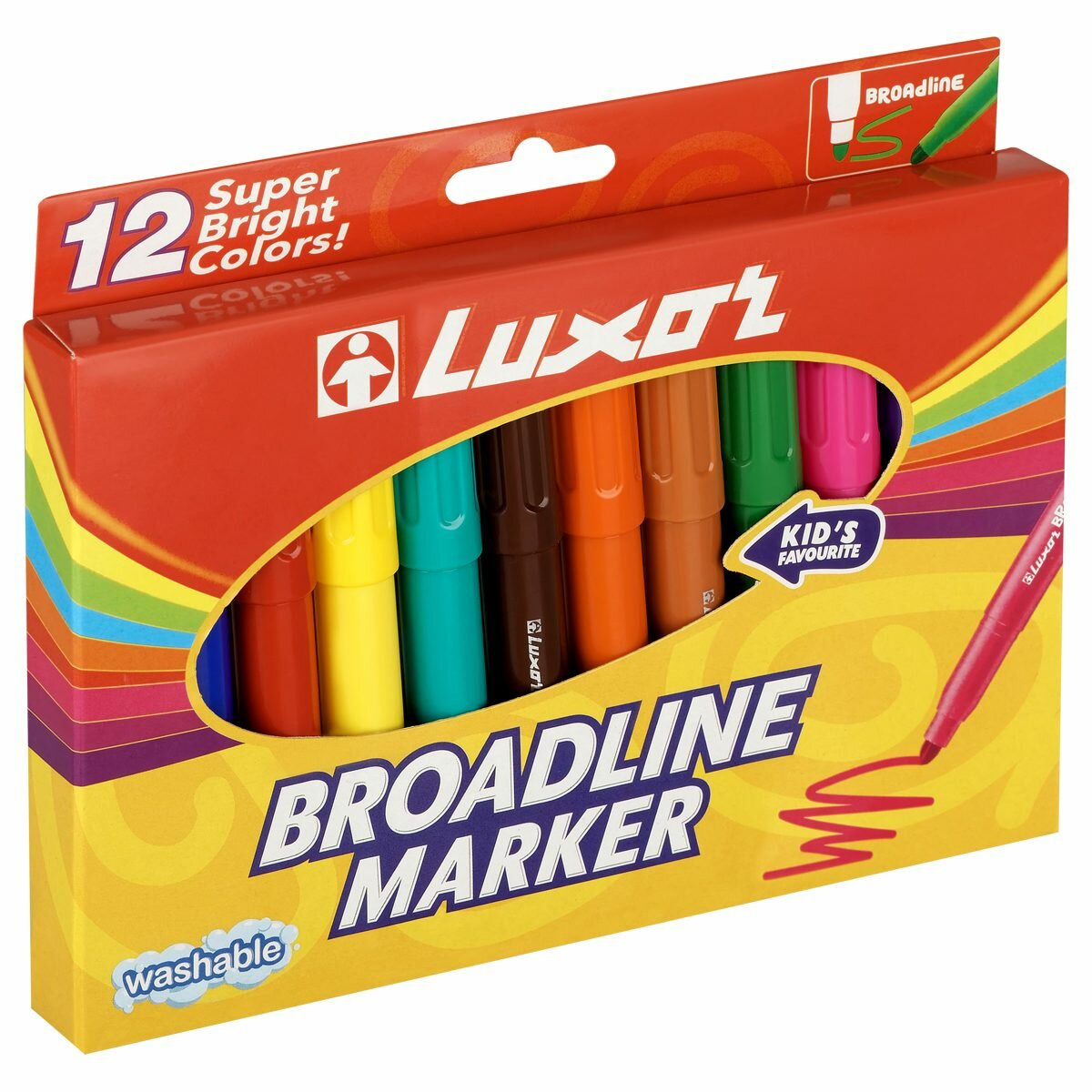 Набор фломастеров 12 цветов Luxor "Broadline" (линия 2мм, утолщенные, смываемые) картон, европодвес (6180/12 BOX)