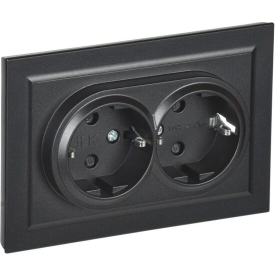 Розетка Iek 2-м СП BRITE РСш12-3-БрЧ 16А в сборе с заземл. защ. шторки черный, BR-R24-16-K02-F
