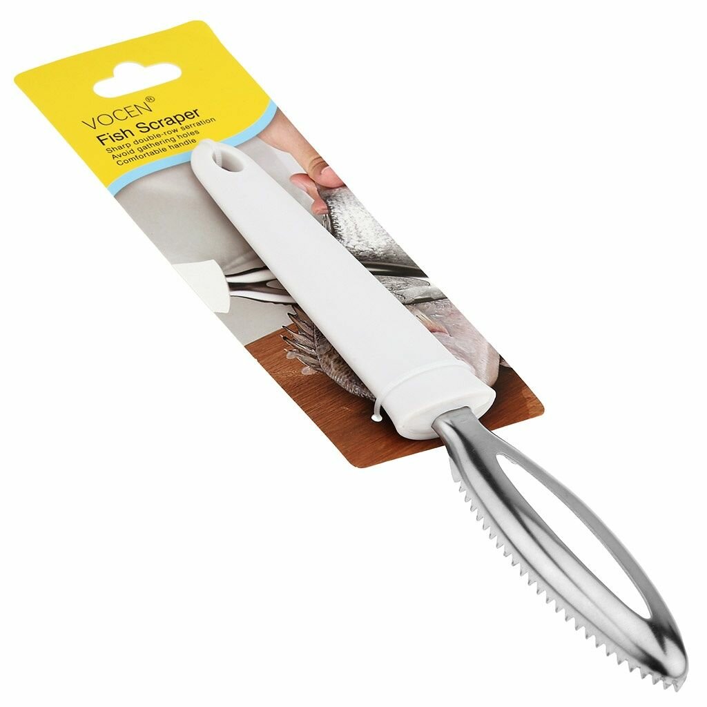 Рыбочистка КНР из нержавеющей стали, 24,5х3,4х1,3 см, пластмассовая ручка, белый