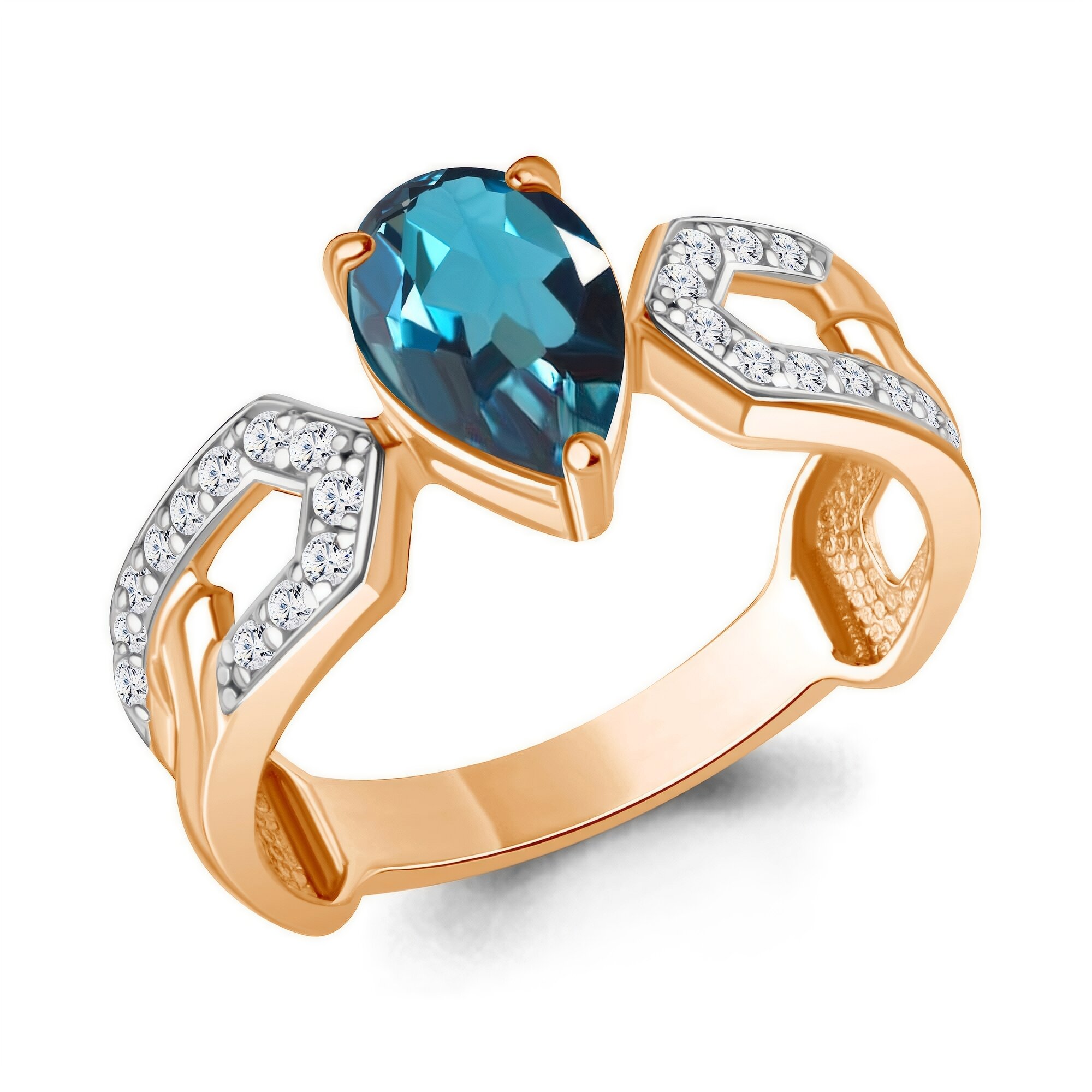 Кольцо, серебро, 925 проба, золочение, Лондон топаз, фианит