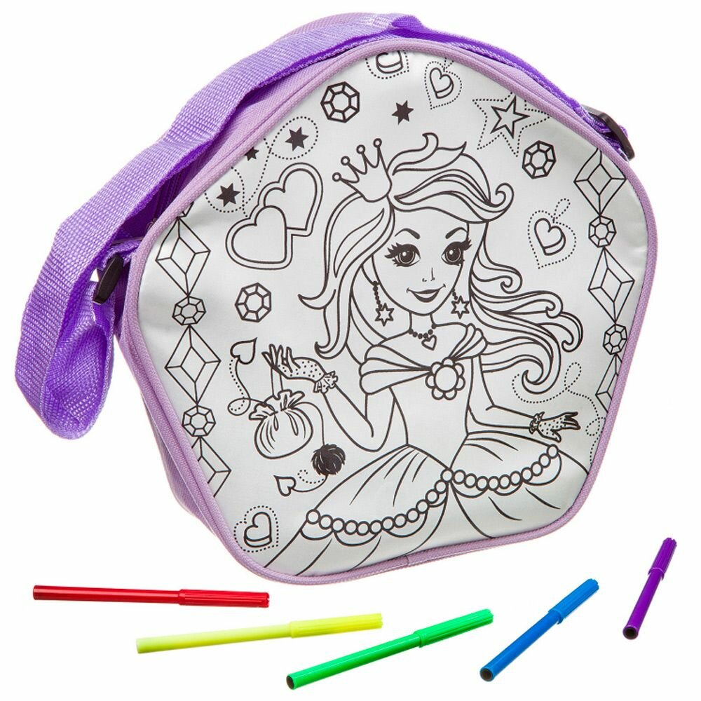 Набор для творчества и рисования Bondibon "Принцесса" с цветными фломастерами, детская пятиугольная сумочка для раскрашивания, роспись своими руками, 24 х 22 см.