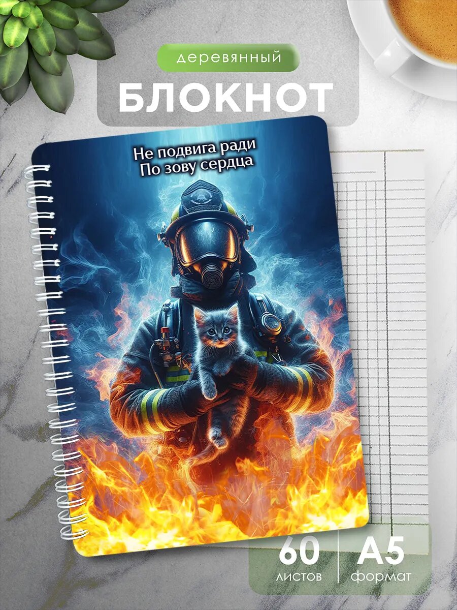 Блокнот деревянный Wood-Book с принтом пожарному в подарок