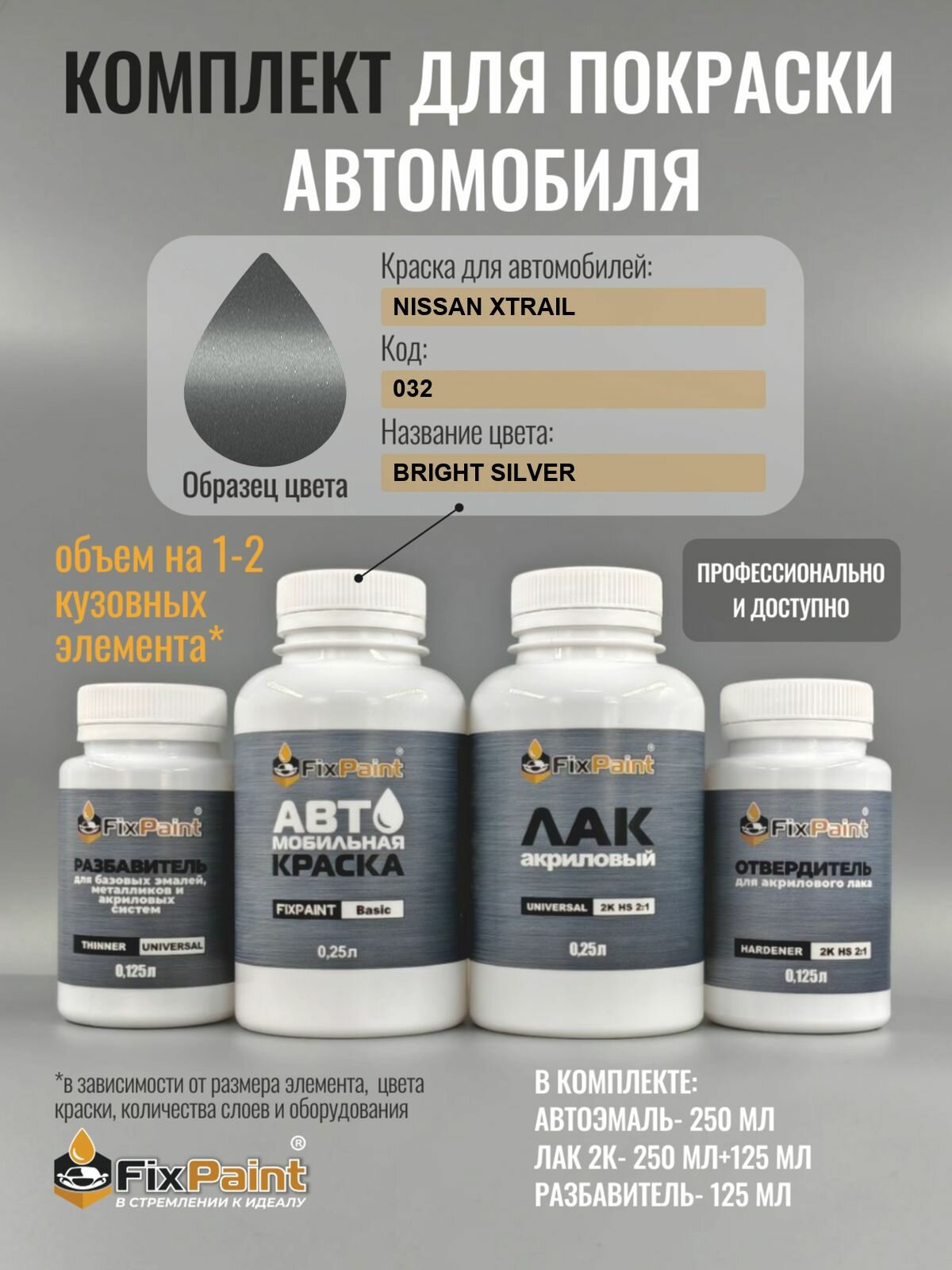 Комплект для покраски NISSAN XTRAIL, код 032, BRIGHT SILVER, базовая автомобильная краска 250 мл, лак 2K 250 мл с отвердителем, разбавитель 125 мл, FixPaint Pro