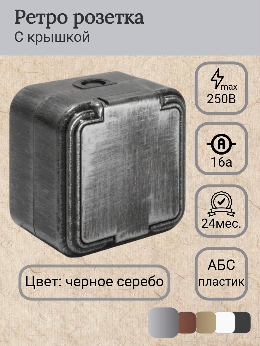 Ретро розетка с заземлением и крышкой IP44, пластик, черное серебро, Bylectrica "Элект"