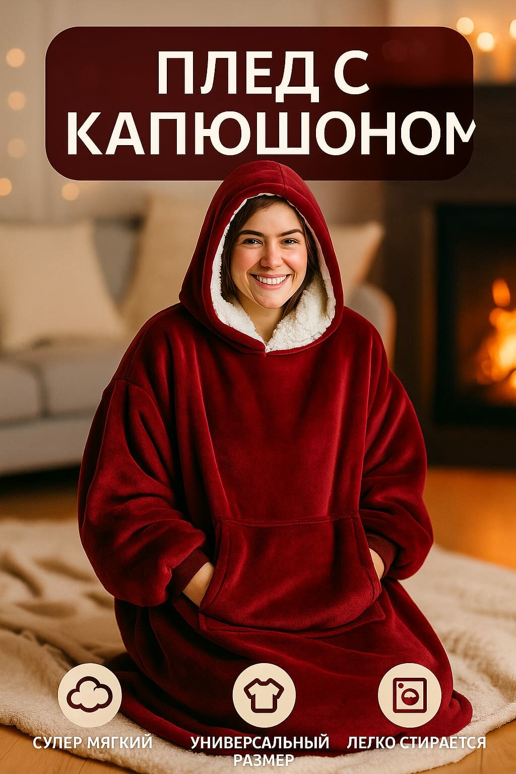 Толстовка плед с капюшоном красная(худи-плед) размер универсальный