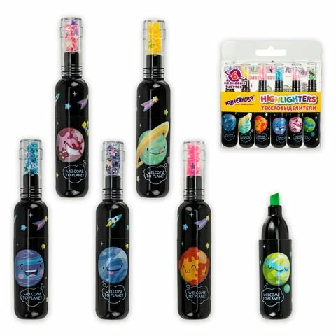6 шт. Набор текстовыделителей 6 неоновых цветов, юнландия "космос", линия 1-5 мм, 152512