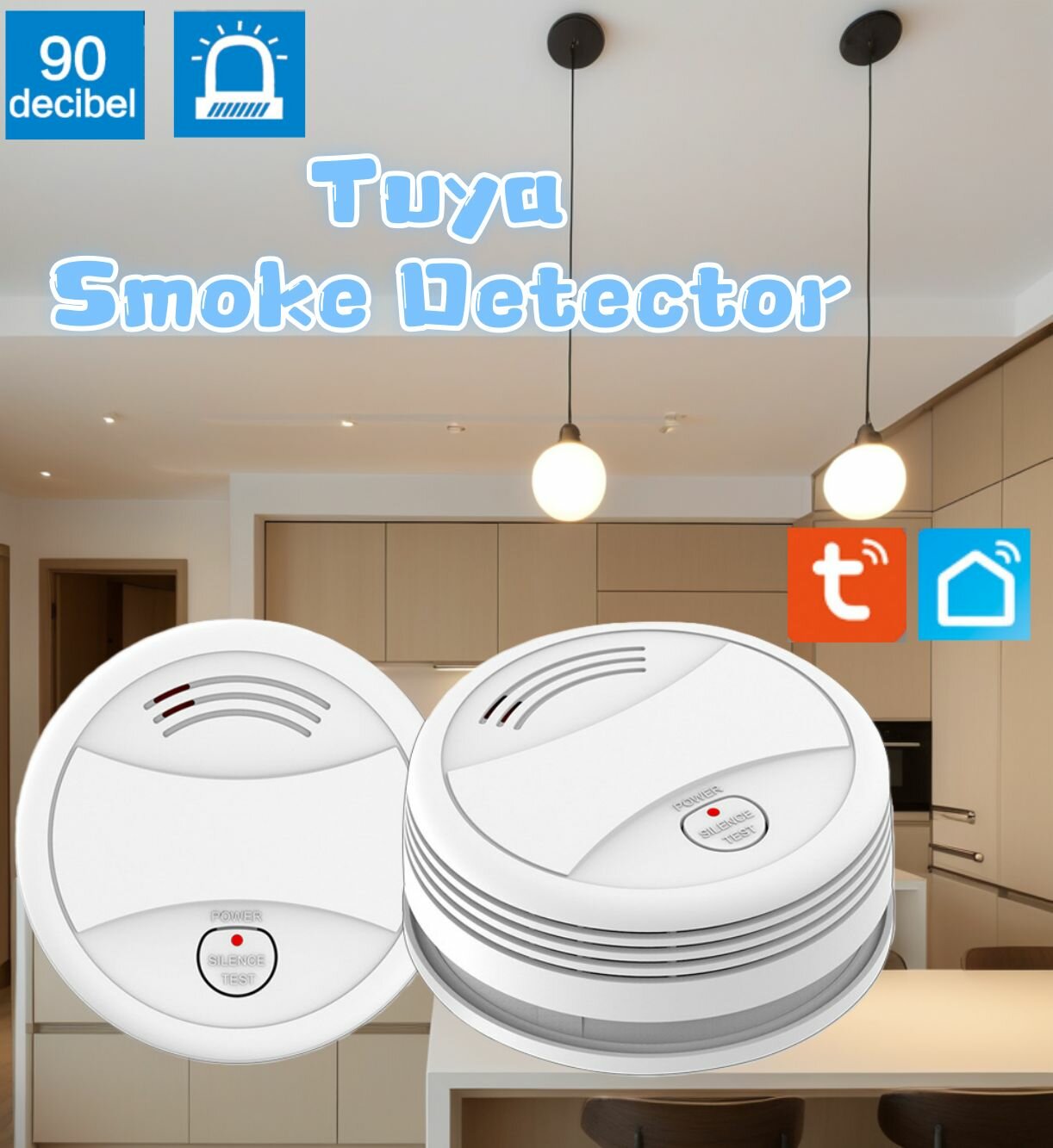 Умный Wi-Fi датчик дыма Tuya, фотoэлектрический сенсор, громкая сирена 90 дБ, оповещение через приложение, пожарная сигнализация для дома и офиса