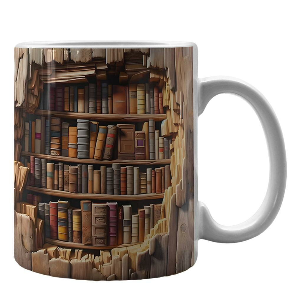 3D-кружка «Книжная полка» — керамическая кружка объемом 11 унций с винтажным дизайном в виде книги, подходит для использования в микроволновой печи и посудомоечной машине, уникальный подарок для любителей книг и читателей.