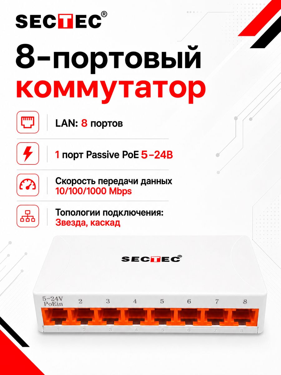 Коммутатор 8 портов 10/100/1000Mbps питание DC 5-12В 1 порт 5-24В (питание коммутатора) Passive POE