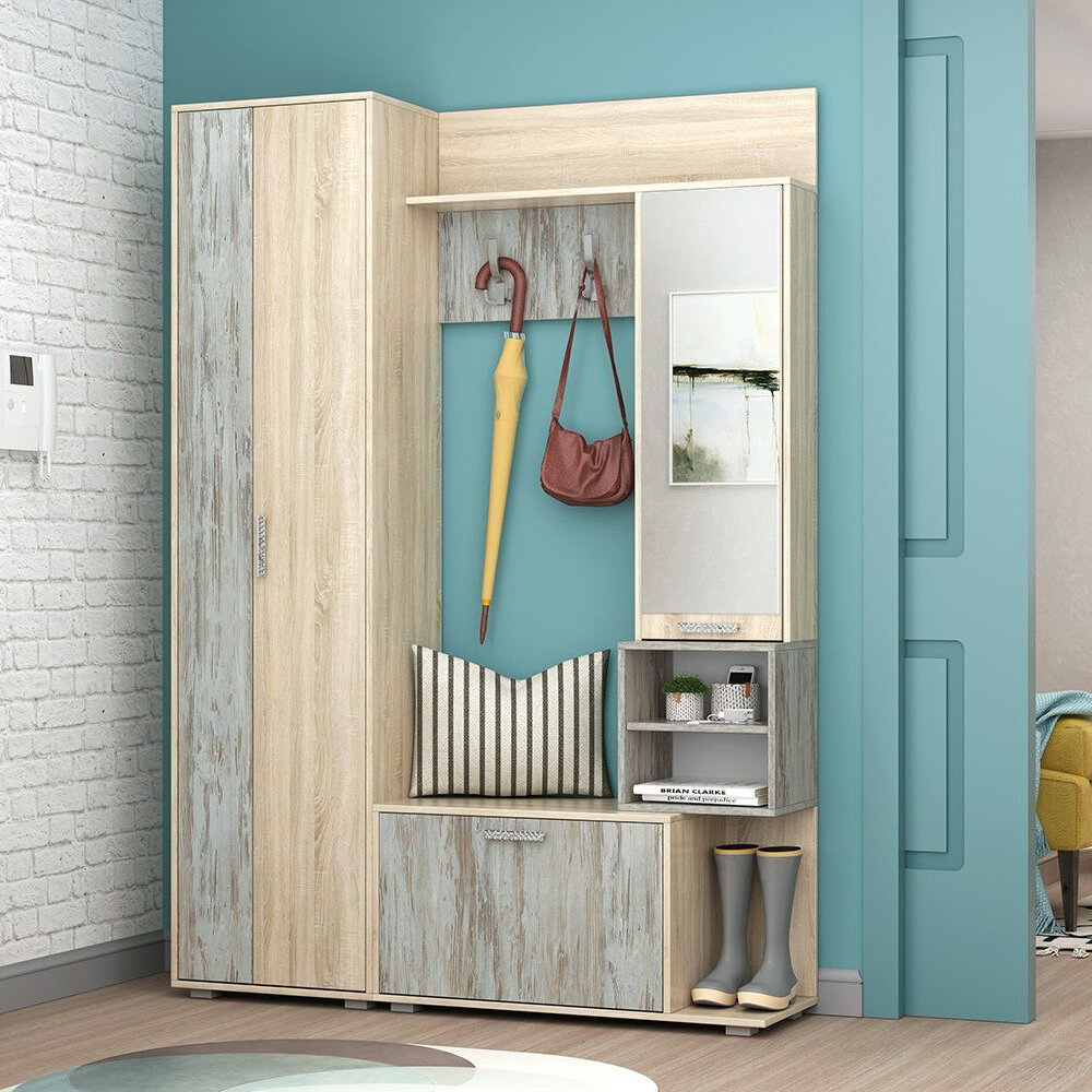Прихожая комплект "Грейс" Цвет Дуб сонома / Артвуд темный Набор, ширина 142 см, с обувницей, со шкафом, с зеркалом, в коридор