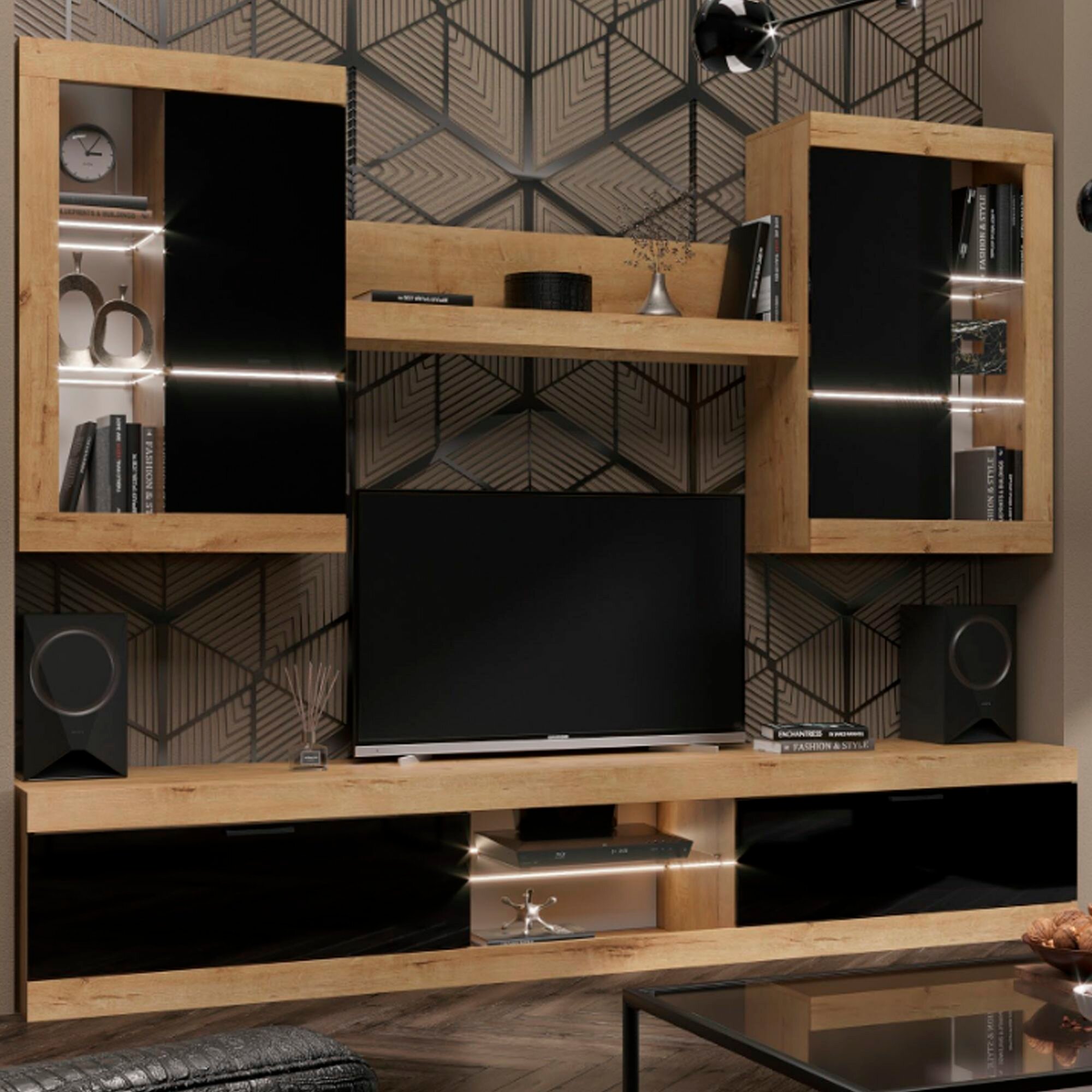 Модульная гостиная "прага", комплект 2, Дуб Вотан / Черный глянец, ширина 252 см, стенка в гостиную, тумба для TV