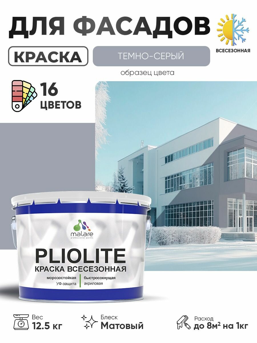 Краска-эмаль Pliolite всесезонная, зимняя, для всех типов поверхностей, антикоррозионная, RAL 7040, темно-серый, матовая, 12,5 кг.