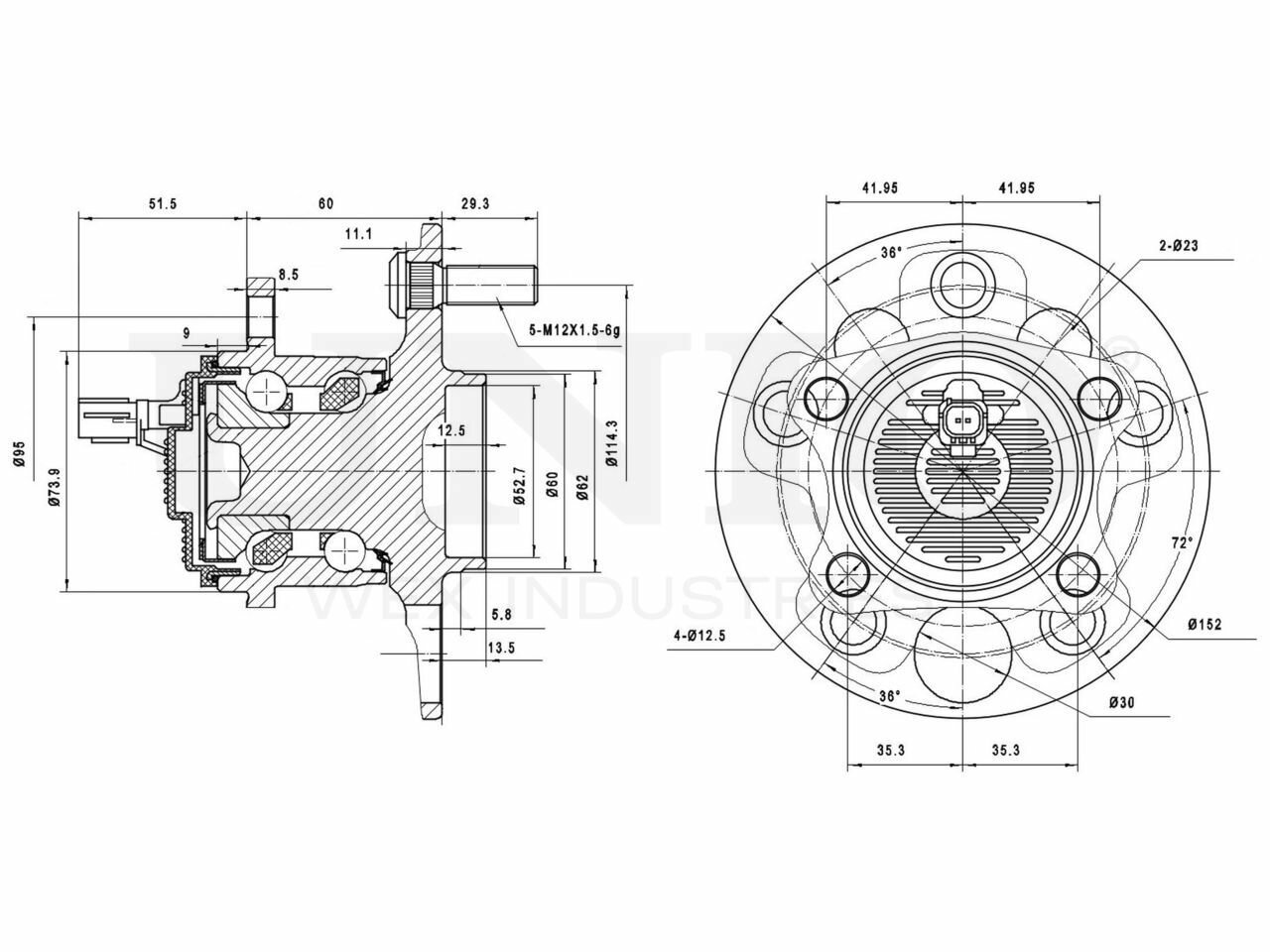 Ступица задняя (с ABS), для Тойота Королла (E140-E180) 06-, Аурис (E150, E180) Toyota Corolla Auris 06-, артикул HUB-20232, производителя UNIO