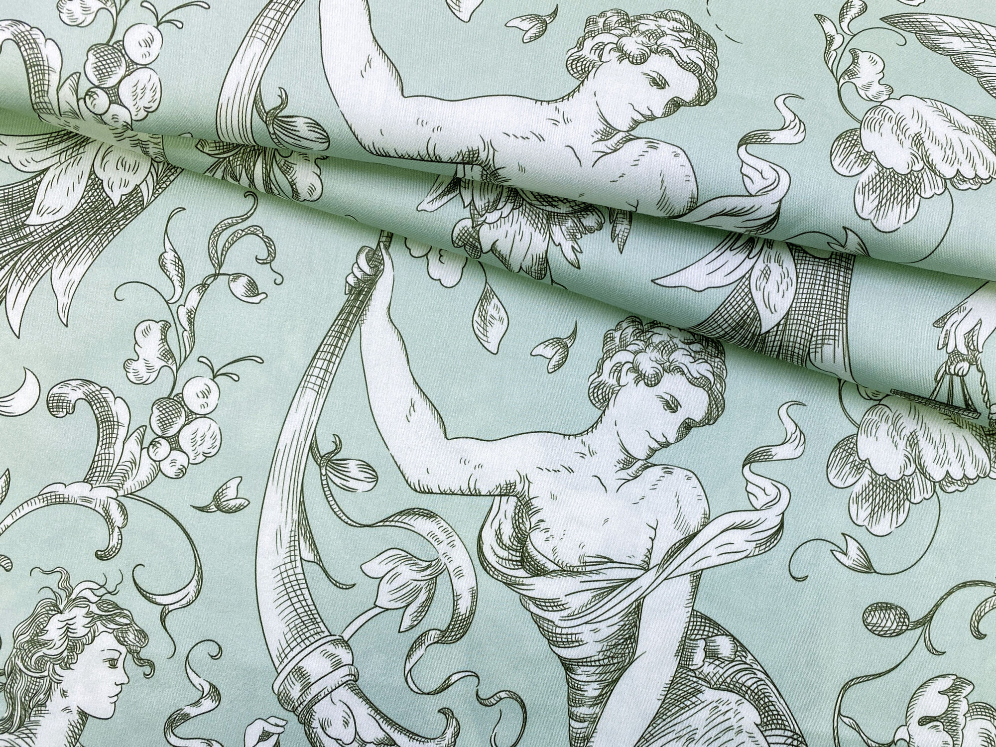 Ткань Хлопок мятного цвета с принтом русалки, вензеля 14267