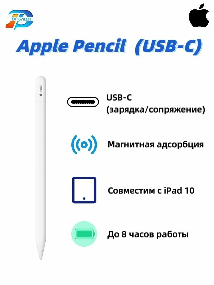 Стилус Apple Pencil (3-го поколения) USB-C для Apple iPad 10, iPad 11 2025, белый