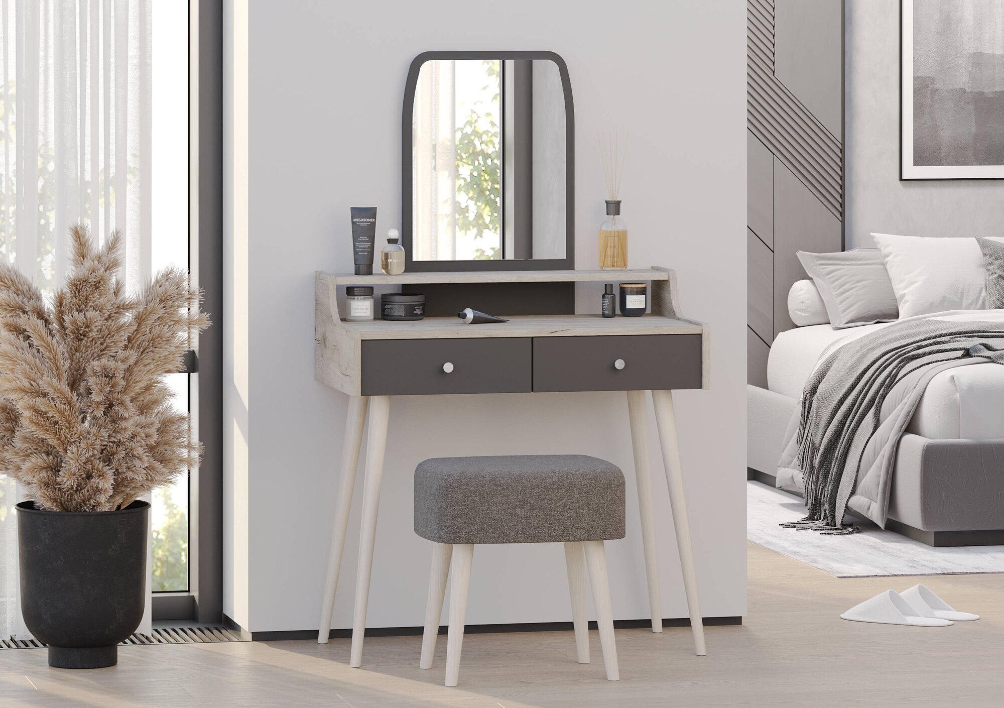 Трюмо с зеркалом и ящиками на ножках Гранд Кволити 4-25916, дуб крафт серый/графит, 80х44,8х133 см.