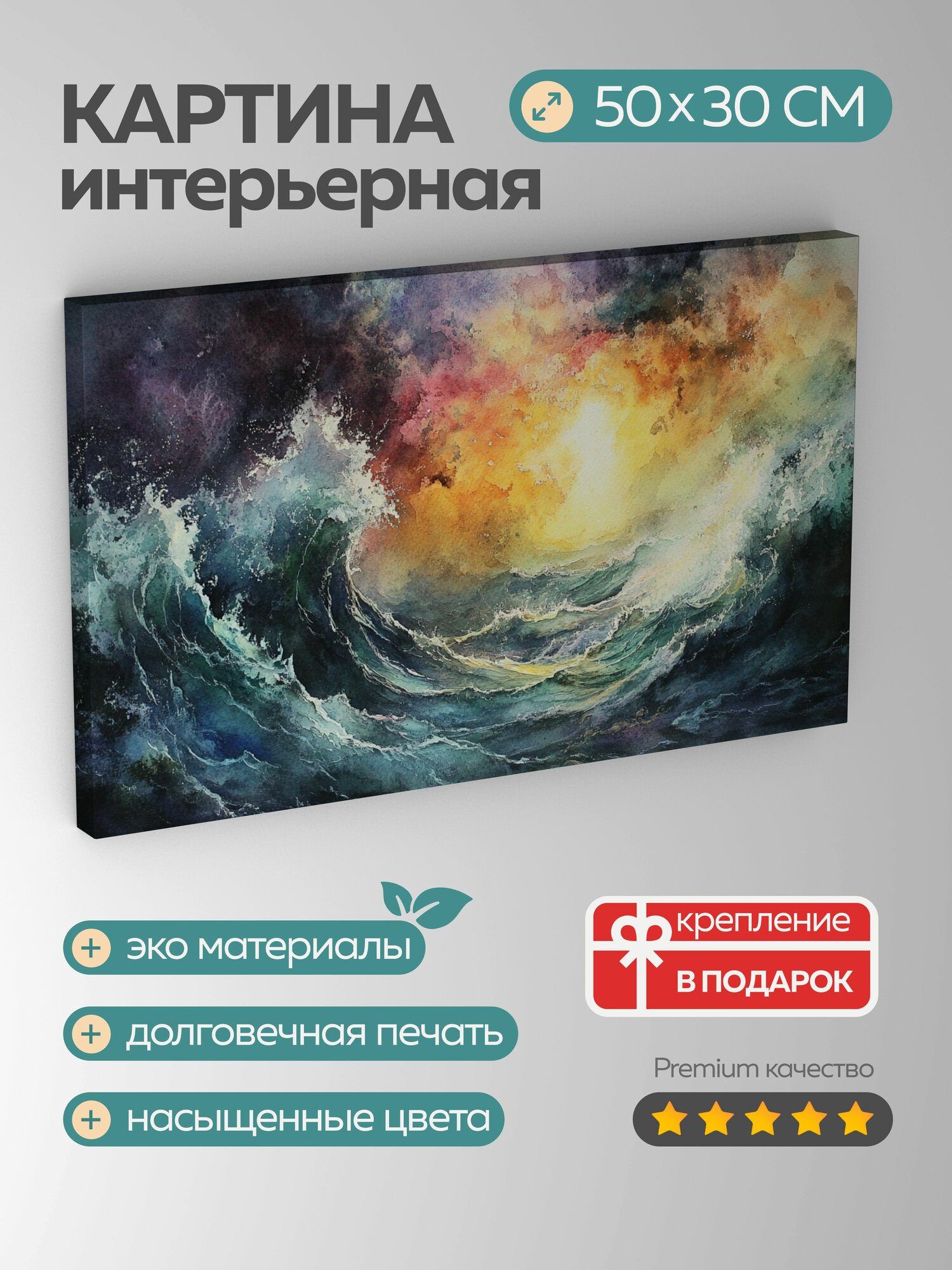 Картина на холсте интерьерная 50х30 см, морской шторм, бурлящие волны, акварельная картина, драматичные цвета