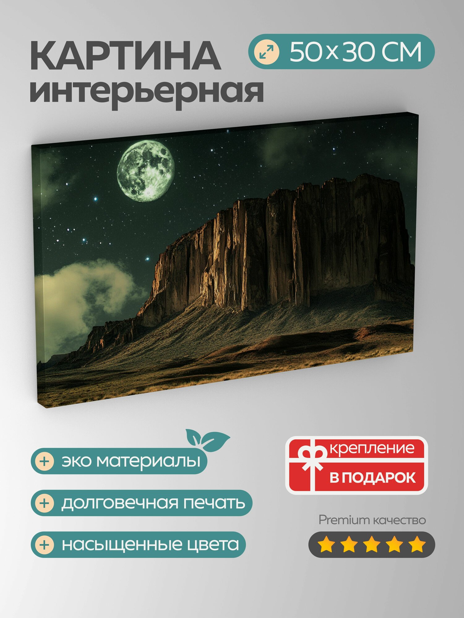 Картина на холсте интерьерная 50х30 см, горы, лунный свет, звездное небо, природное великолепие, ночь, масштаб 5:3
