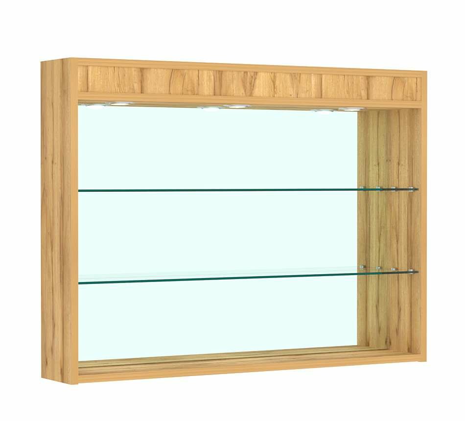 Витрина настенная №3-4Г зеркальная без дверей со стеклянными полками и верхней подсветкой, Дуб Золотистый