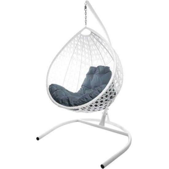 Подвесное кресло кокон M-group Капля с ротангом Люкс белый+серая подушка