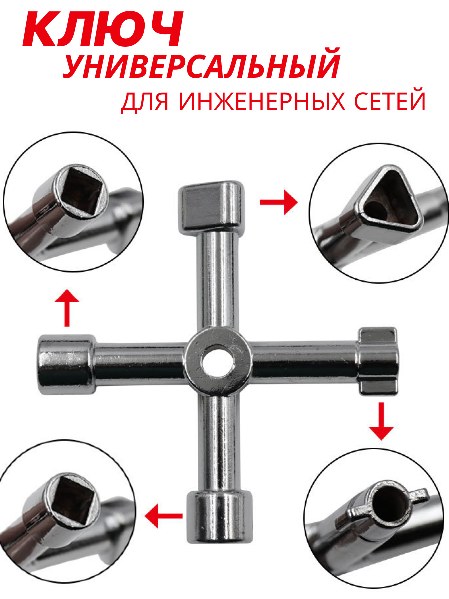 Ключ универсальный, 4 в 1, для электрощитов и электрошкафов, металлический сплав
