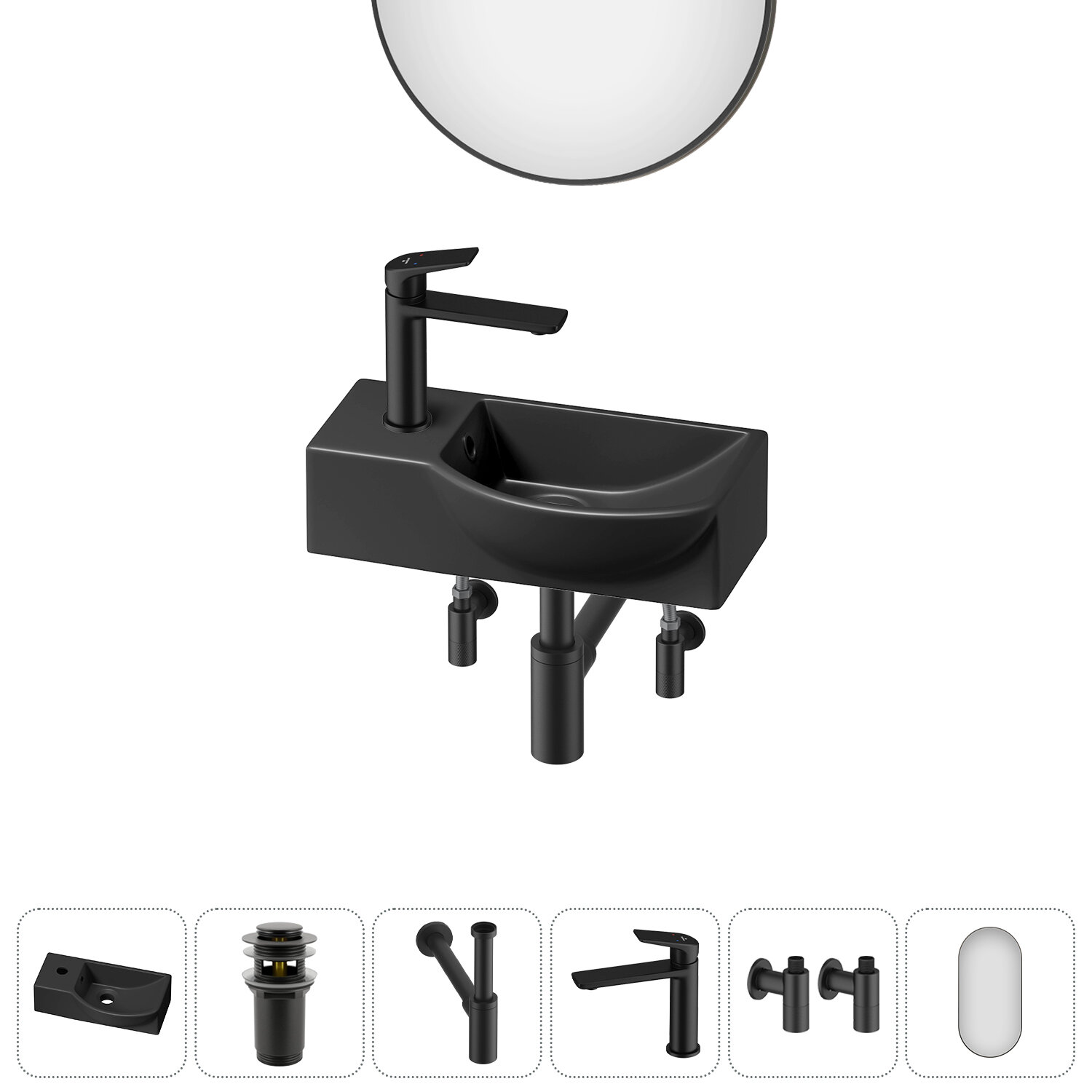 Подвесная или накладная раковина в ванную комнату Lavinia Boho Bathroom Sink 20219606R в наборе 6 в 1: раковина 40 см в цвете матовый черный, донный клапан, сифон, смеситель, вентили, зеркало