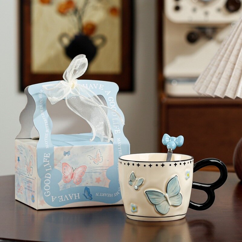 Чашка с голубой бабочкой, керамическая чашка, кофейная чашка