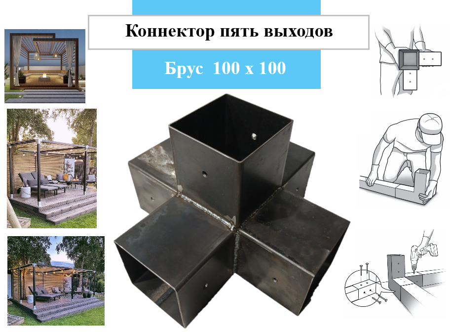 Коннектор пять выходов (кронштейн) для бруса 100х100 черновой