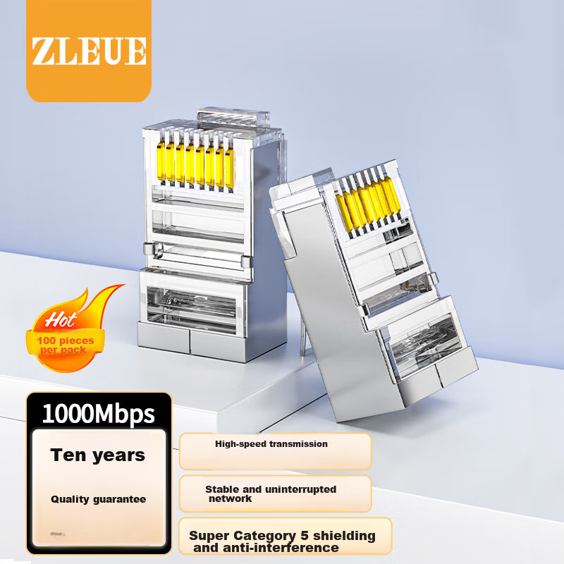 Value Count CAT5e Ethernet Cable Connectors, Gigabit Network Connectors, RJ45 Computer Network Cable Connectors, CAT5E Gold-Plated Shielded Crystal Heads, 100 Pieces, ZL-T5100P
