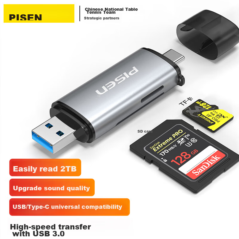 Pisen Type-C/USB3.0 Card Reader SD/TF Dual-Function Two-In Compatible with Computers, IPhone 15/16, IPad, Action Cameras, Drones, Dash Cams, Memory Cards