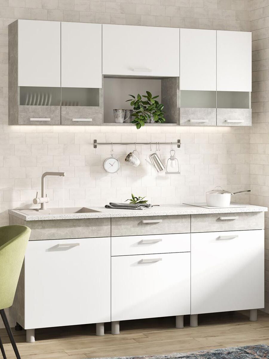 Кухонный гарнитур Стендмебель Денвер 1.8 белый / ателье светлое, ЛДСП, 1800