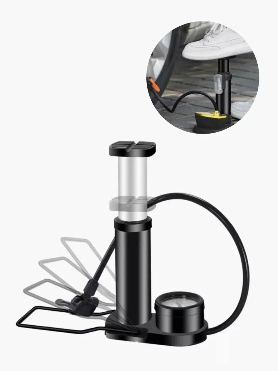 Насос для велосипеда с манометром ножной, вес 1,2 кг, цвет черный