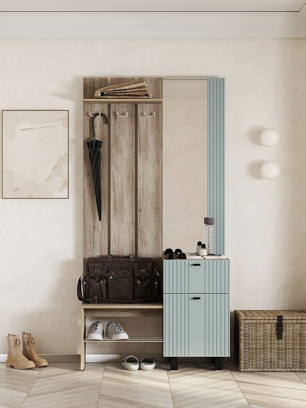 Прихожая "Олива", с доводчиками и зеркалом, дуб каньон/шарли бриз