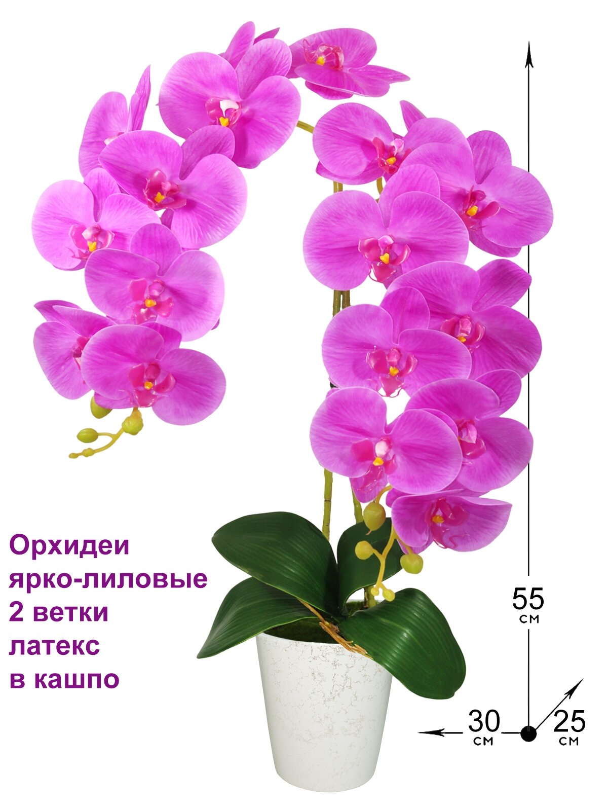 Искусственные Орхидеи ярко-лиловые 2 ветки латекс в кашпо, 55см от ФитоПарк