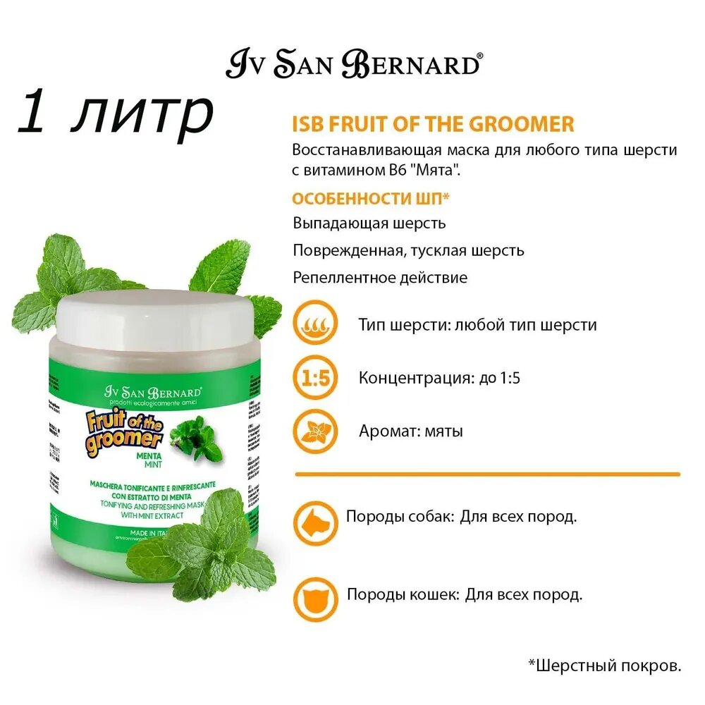 Маска Iv San Bernard Fruit of the Groomer Mint Восстанавливающая для кошек и собак с любым видом шерсти, 1 л