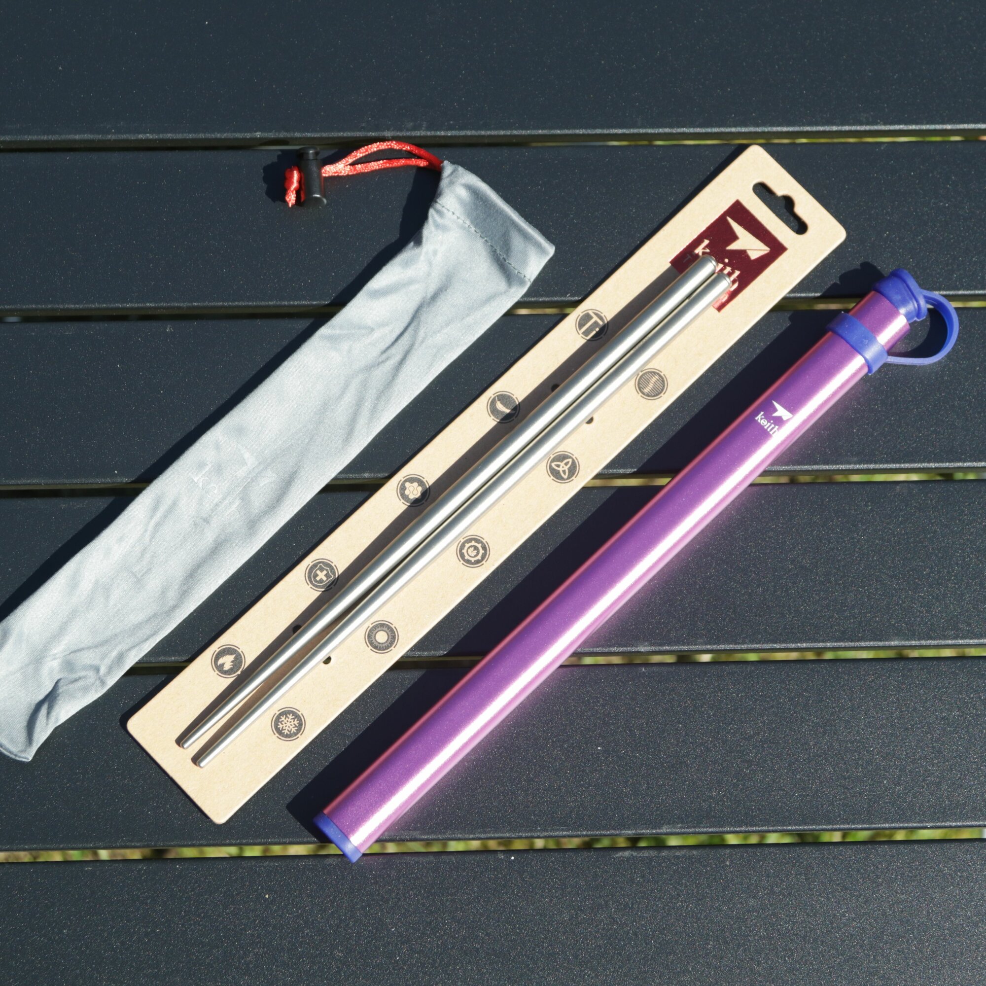 Палочки для еды титановые, пара, 23,5см, алюминиевый сиреневый футляр тубус в комплекте, для суши роллов.