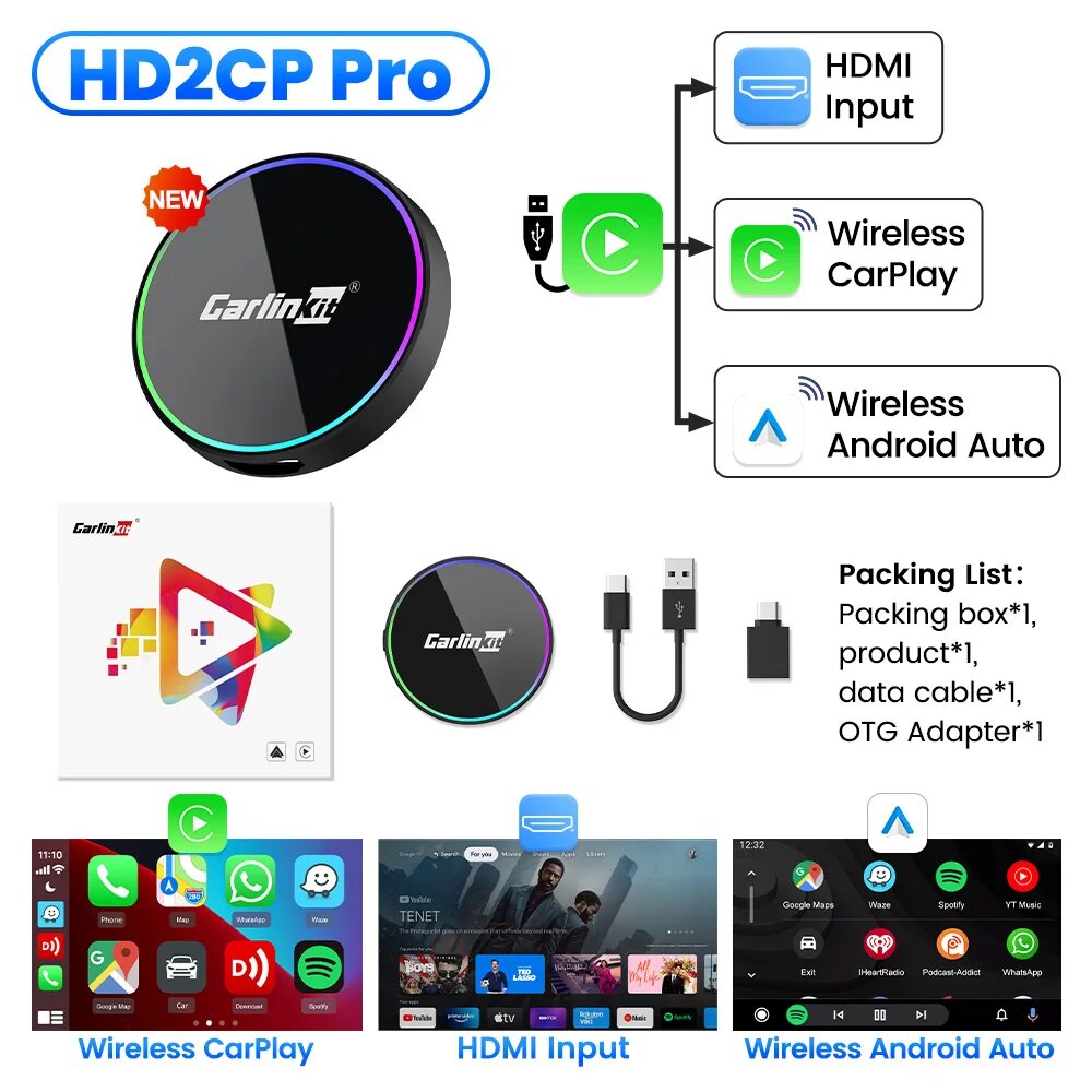 Carlinkit Car TV Mate Мультимедийный HDMI-адаптер 3-в-1 Проводной к беспроводному CarPlay Android Auto Box HD Видеоконвертер для ТВ-палок