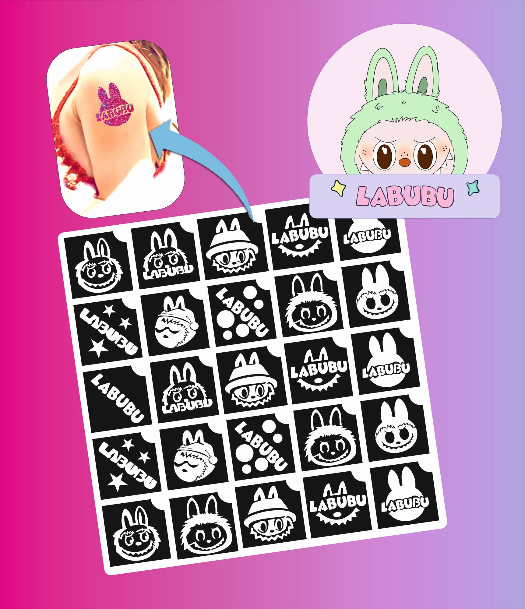 Набор трафаретов для блеск тату лабубу