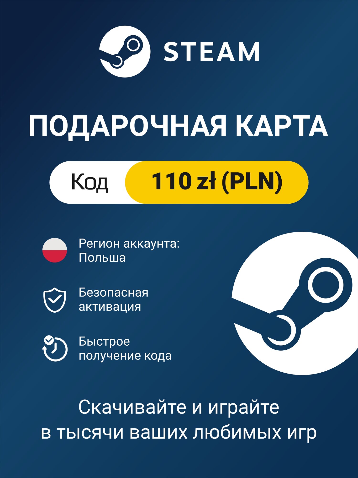 Пополнение кошелька Steam 110 PLN (регион аккаунта: Польша), цифровой код активации/подарочная карта
