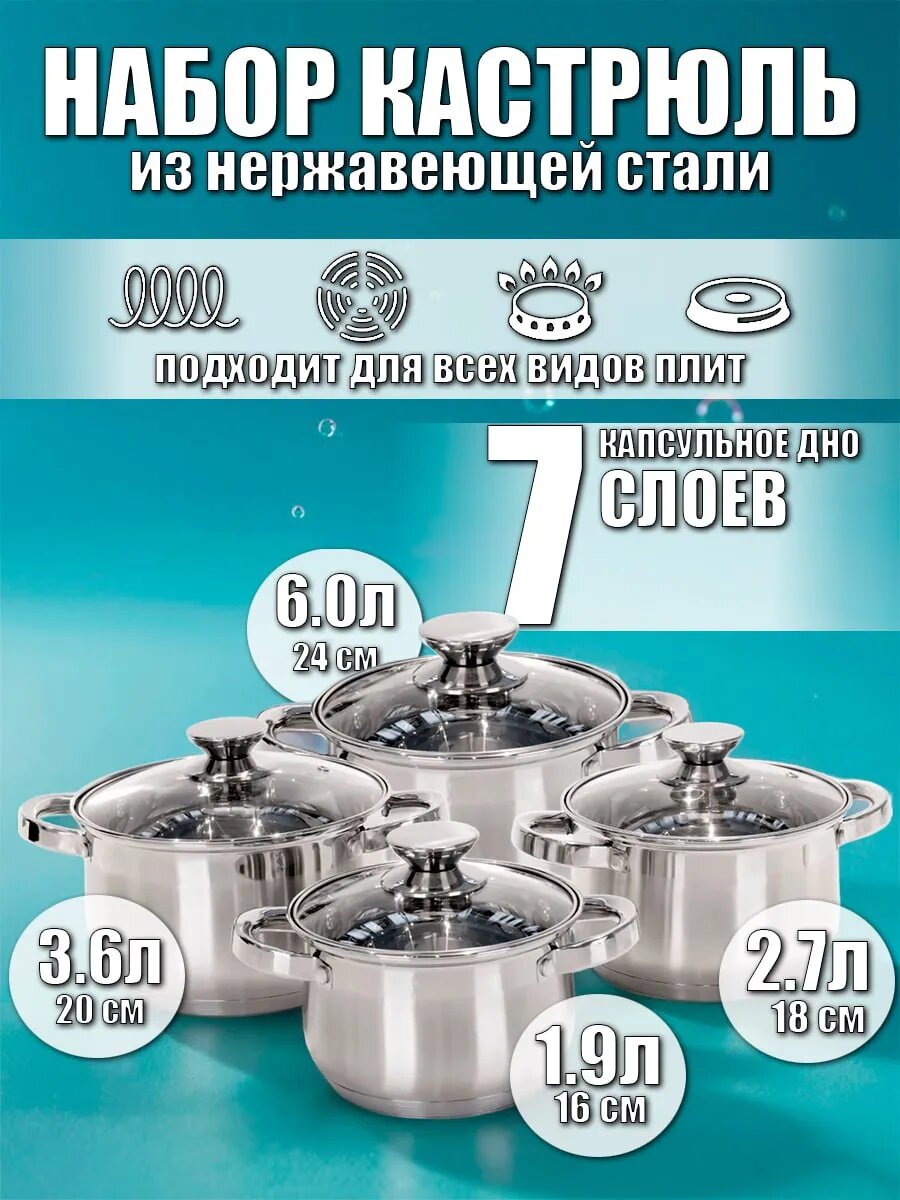 Набор кастрюль VICALINA VL-575, с крышками, нержавеющая сталь, для индукции, антипригарное