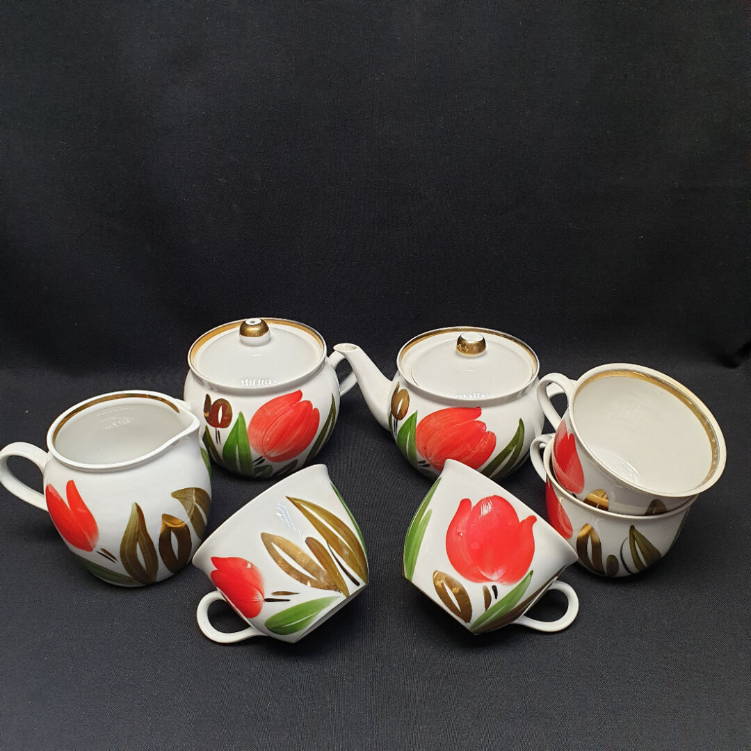 Чайный сервиз 7 предметов, Чайка, фарфор, ручная роспись, позолота. Винтаж, СССР.