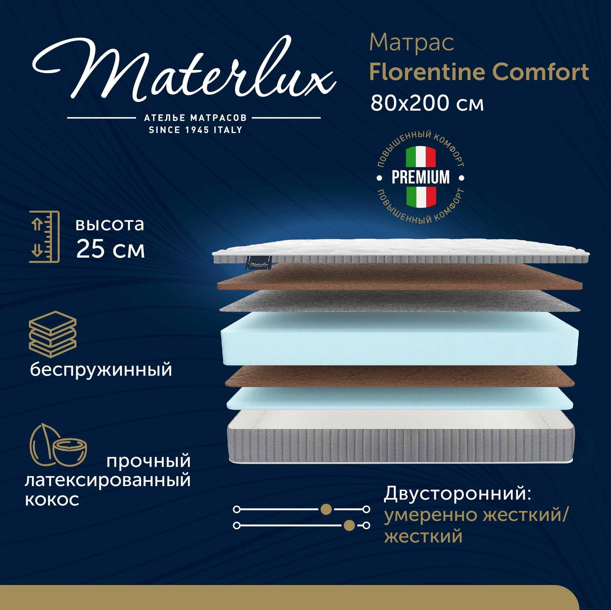 Матрас Materlux Florentine Comfort, Беспружинный, 80х200 см, жесткий и умеренно жесткий