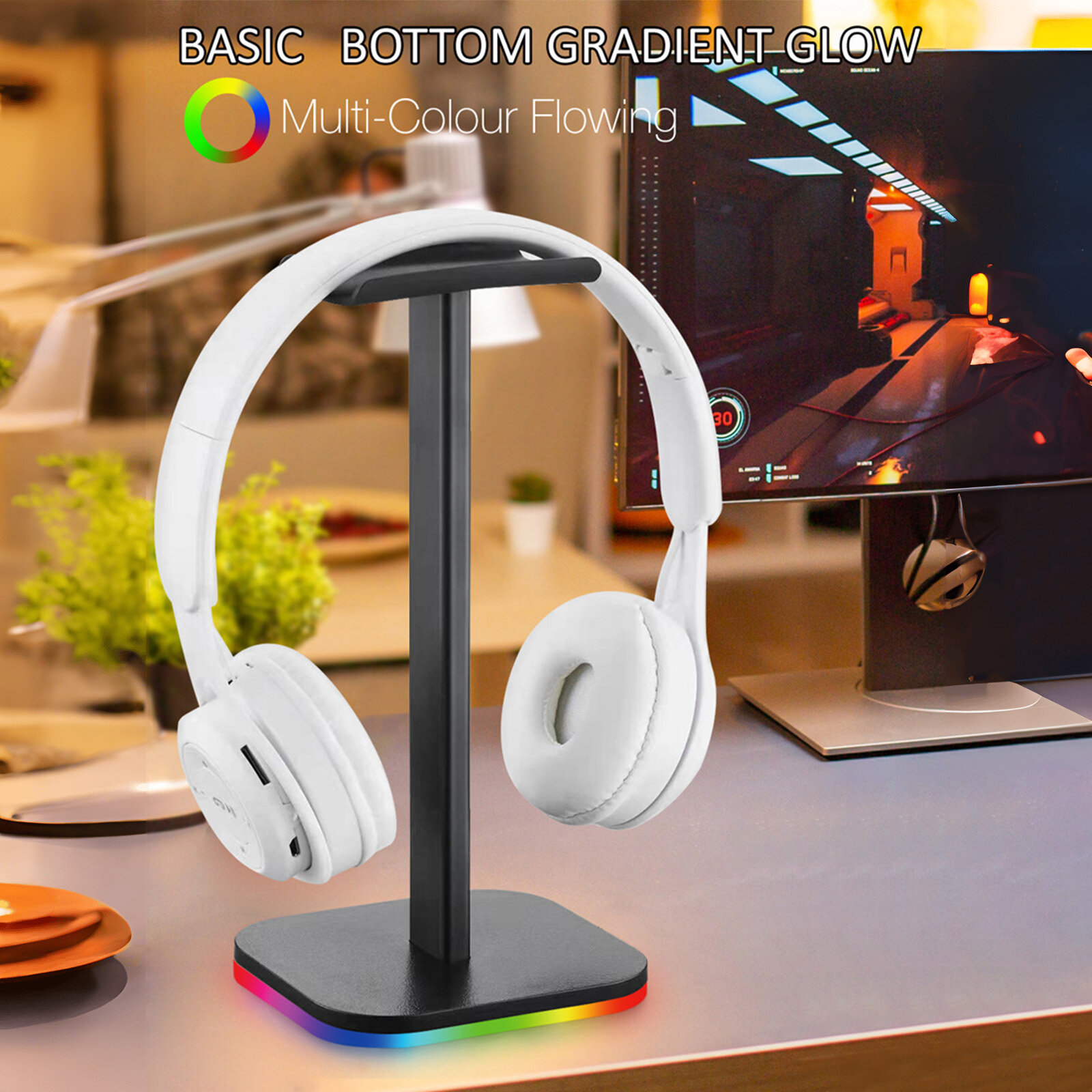 Подставка для наушников с подсветкой снизу, держатель для наушников RGB-подсветка для настольного ПК, игровая гарнитура, нескользящая резиновая накладка, кронштейн для дисплея проводной USB-гарнитуры, съемная вешалка для наушников, подарки для парней