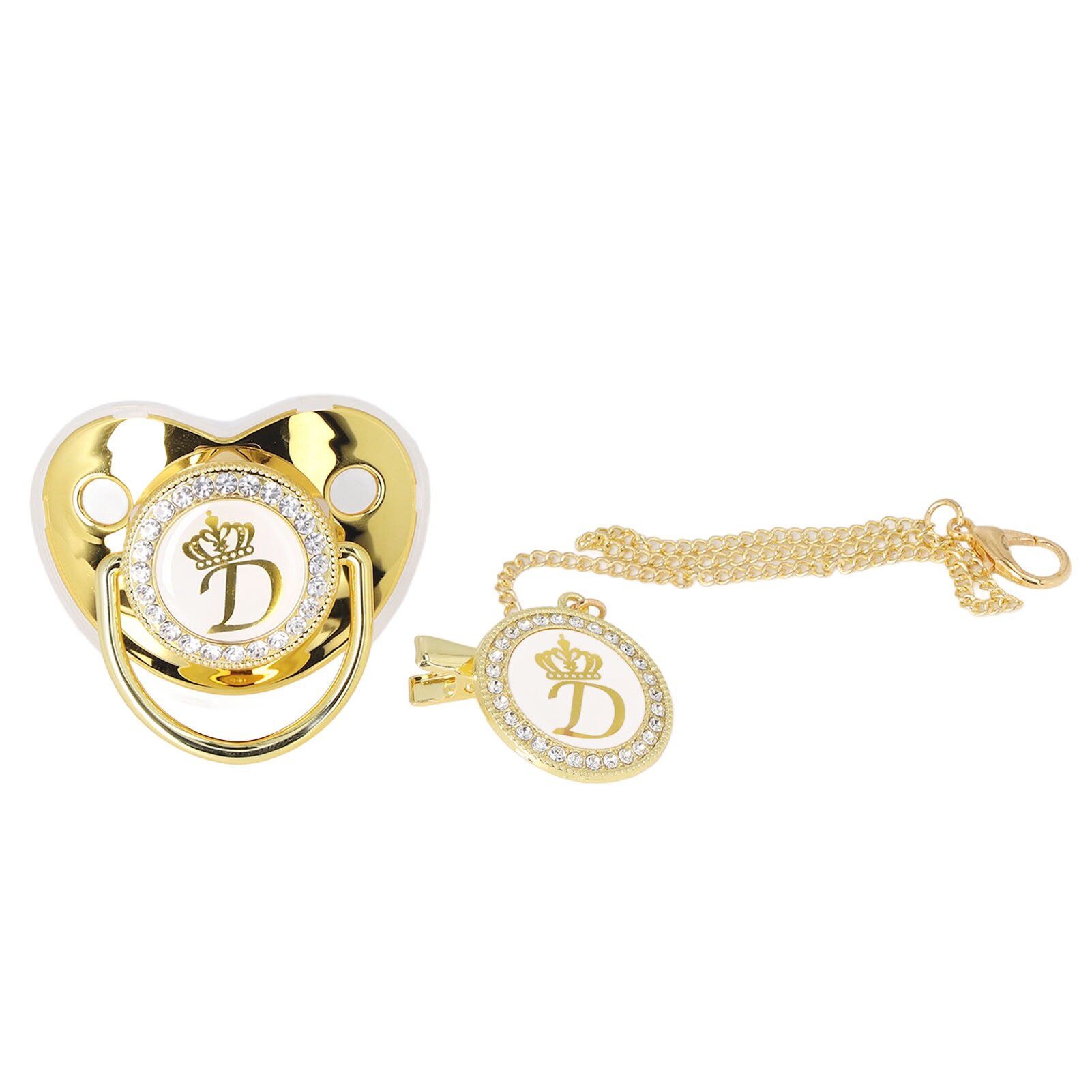 Детская соска-пустышка, портативная, изысканная, с золотой короной, украшенная стразами, с цепочкой-зажимом в виде буквы D.