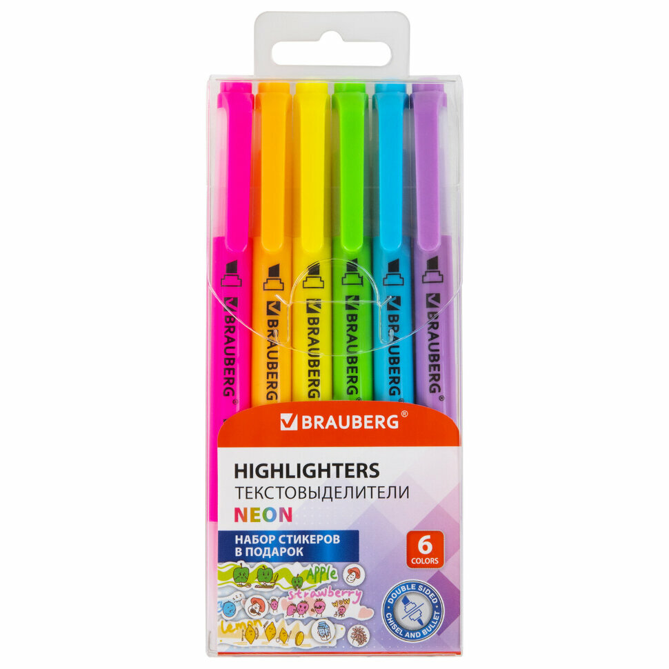 Набор текстовыделителей двусторонних 6 неоновых цветов, BRAUBERG "TWIN NEON", линия 1-5 мм, 152517, 152517
