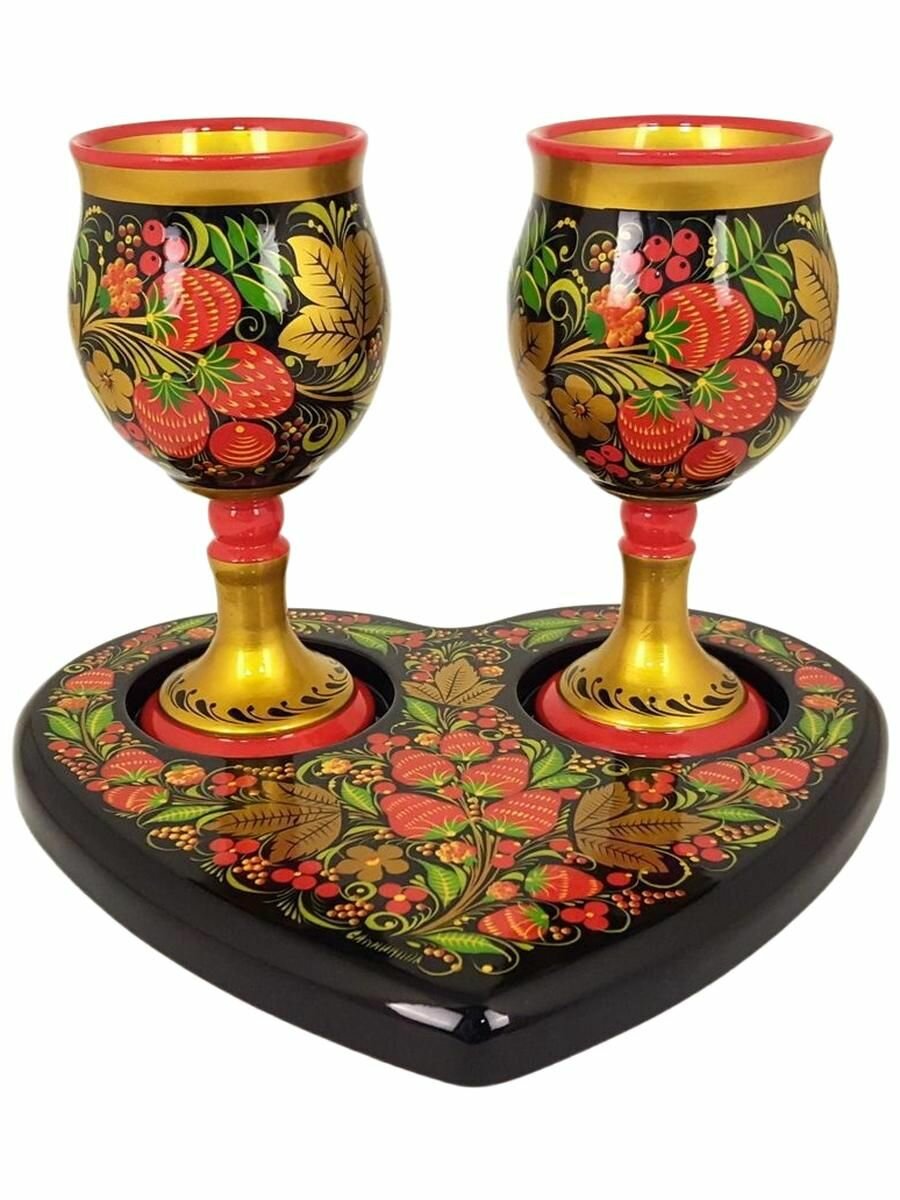 Свадебные бокалы, Набор "На двоих" 3 предмета (черный), Хохломская роспись (Хохлома), ручная авторская работа