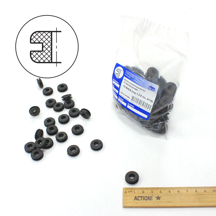 Втулка кабельная резиновая 7x16x6,5 (под т.2,5 мм, d>12) закругленная (упаковка 100 шт. ±5%)