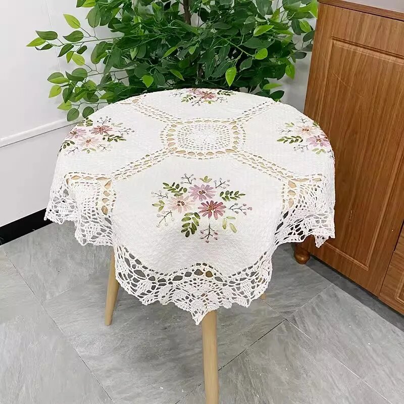 Винтажная вышитая хлопковая скатерть yoohxin 85 см, Square 85cm, Белый